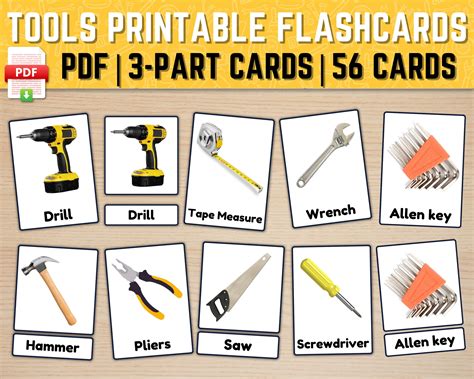 Tools Printable Flashcards Tools Montessori 3 Parts Cards Tools Equipment 56 Flashcards With