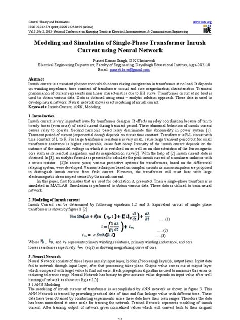 Pdf Modeling And Simulation Of Single Phase Transformer Inrush Current Using Neural Network