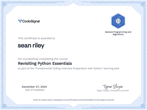 Course Certificate For Revisiting Python Essentials Sean Riley