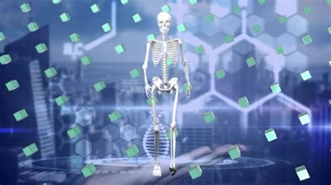 Animation Dna Strand Human Skeleton Rows Green Cubes Data Processing — Stock Video