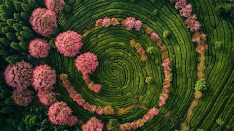 A View Of A Spiral Shaped Field With Pink Flowers In The Middle