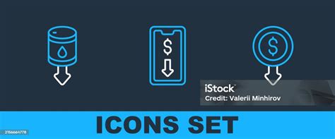 Set Line Dollar Rate Decrease Drop In Crude Oil Price And Mobile Stock Trading Icon Vector Stock