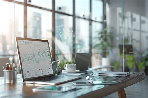 A Sleek Office Workspace Showcases A Laptop Displaying Data Analytics Surrounded By Plants And