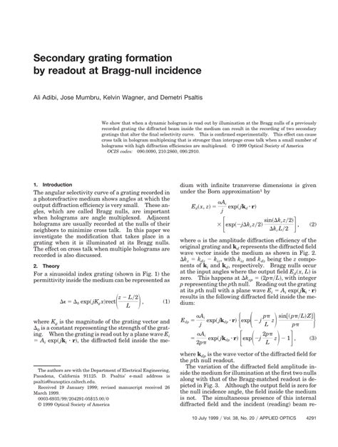 Pdf Secondary Grating Formation By Readout At Bragg Null Incidence