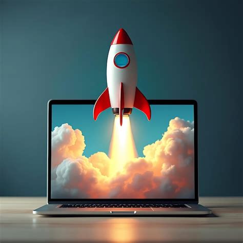 Launching Space Rocket From The Laptop Screen Premium Ai Generated Image