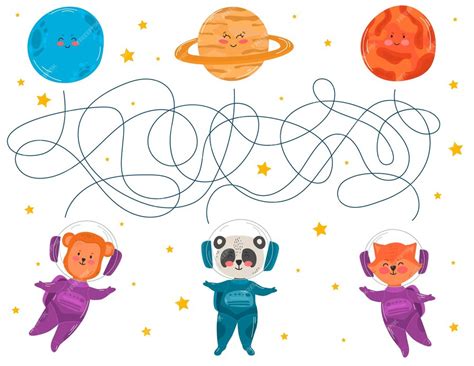 벡터 만화 우주 비행사와 행성 어린이 책을 위한 벡터 일러스트 어린이를 위한 미로 교육 게임 우주 비행사가 행성으로 가는 길을 찾도록 도와주세요 아이들을 위한 미로 미로