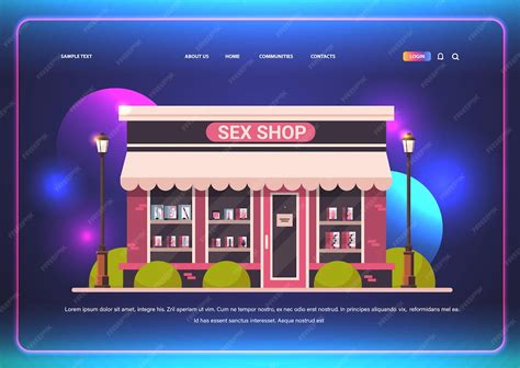 에로틱 한 역할 놀이 수평 벡터 일러스트 레이 션을위한 성적인 성인용 장난감 및 액세서리가있는 섹스 샵 핑크색 건물 외부 섹스 샵 프리미엄 벡터