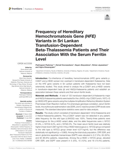 Pdf Frequency Of Hereditary Hemochromatosis Gene Hfe Variants In