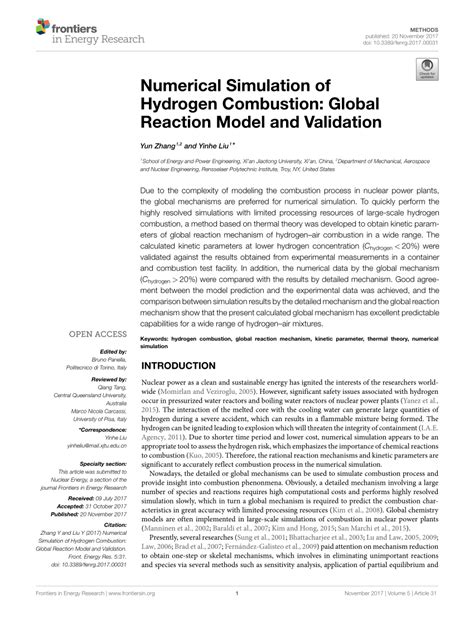 Pdf Numerical Simulation Of Hydrogen Combustion Global Reaction Model And Validation