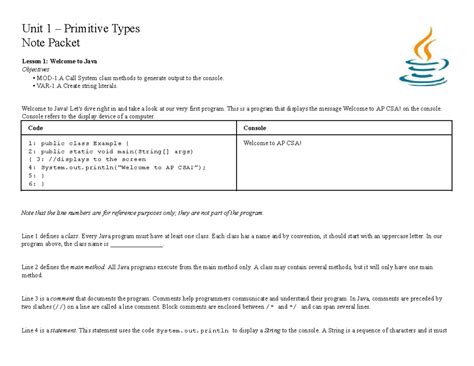 Unit 1 Note Packet Notes On Unit 1 Of Computer Science In Java Unit