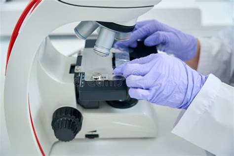 Laboratory Employee Places A Biomaterial For Dna Test Under Microscope