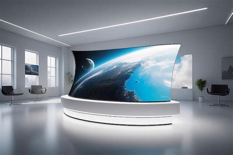 Premium Photo Curved OLED Display Digital Art In Tech Showroom MockupCurved OLED Display