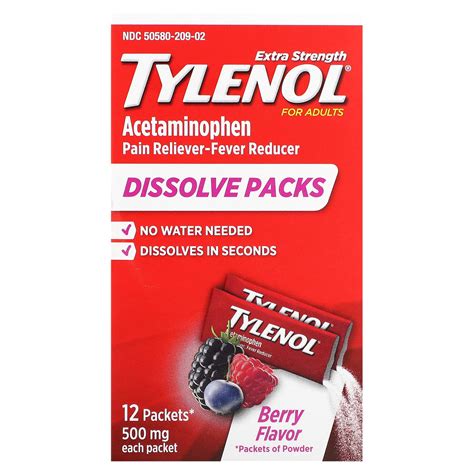 Tylenol Extra Strength Acetaminophen Dissolve Packs For Adults Berry Flavor 500 Mg 12