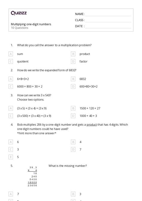50 one digit multiplication worksheets for 4th grade on quizizz free