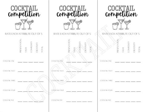 Cocktail Competition Score Card Cocktail Competition Score Sheet