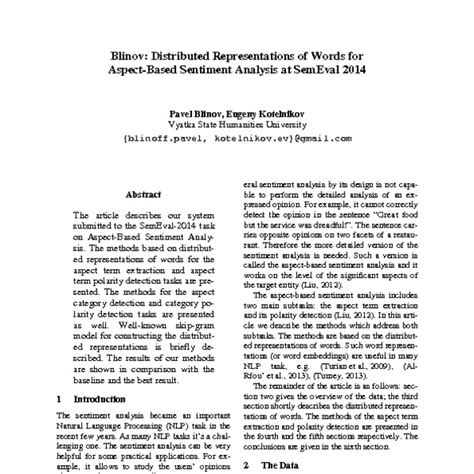 Blinov Distributed Representations Of Words For Aspect Based Sentiment