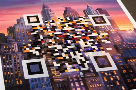 New York City Skyline At Sunset With Qr Code Windows Artistic Digital Illustration Stock