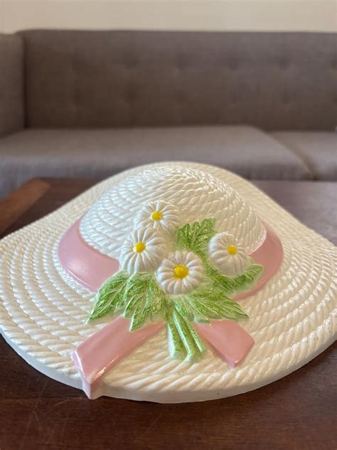 Vintage Homco Wall Art 10in Hat With Pink Bow And Daisies Wall Decor