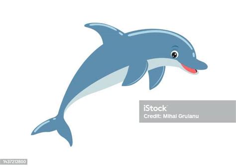 플랫 스타일의 귀여운 만화 돌고래 흰색 배경에 고립 된 돌고래의 벡터 그림 귀여운에 대한 스톡 벡터 아트 및 기타 이미지