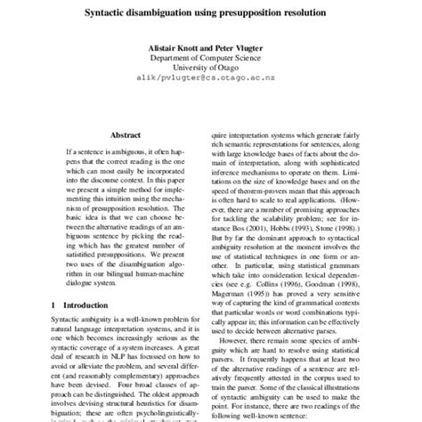 Syntactic Disambiguation Using Presupposition Resolution Acl Anthology