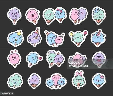 웃는 얼굴로 귀여운 귀여운 솜사탕 스티커 책갈피 달콤한 설탕 만화 음식 캐릭터입니다 손으로 그린 스타일입니다 벡터 그리기 디자인 요소 모음 솜사탕에 대한 스톡 벡터 아트 및