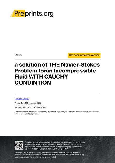 Pdf A Solution Of The Navier Stokes Problem For An Incompressible Fluid With Cauchy Condintion