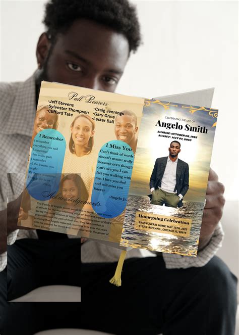 Obituary Template For Men Blue Canva Funeral Program Etsy
