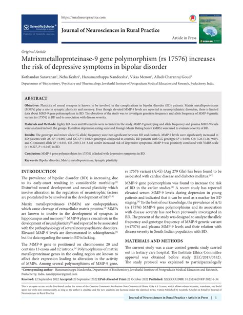 Pdf Matrixmetalloproteinase 9 Gene Polymorphism Rs 17576 Increases The Risk Of Depressive