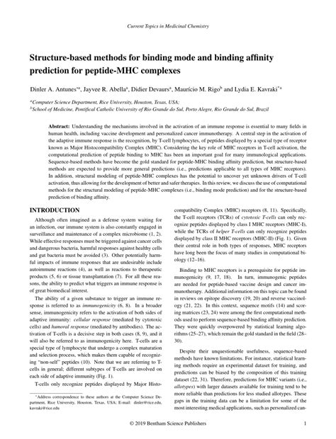 PDF Structure Based Methods For Binding Mode And Binding Affinity Prediction For Peptide MHC