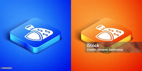 파란색과 주황색 배경에 고립 된 달러 기호 아이콘이있는 등색 방패와 머니 백 보안 보호막 보호 돈 보안 개념 정사각형 버튼입니다 벡터 3차원 형태에 대한 스톡 벡터 아트 및