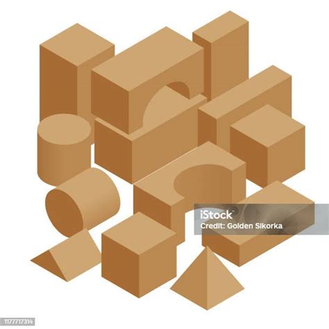 흰색 배경에 격리 된 작은 큐브 삼각형 공 및 기타 형태의 나무 생성자의 등각 투영 세트입니다 빌딩 블록 장난감을 재생합니다 개발에 대한 스톡 벡터 아트 및 기타 이미지