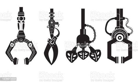 흰색 배경에 설정 된 로봇 발톱 게임 아이콘 공장에서 로봇 발톱을 그립 만화 개념 벡터 발톱 게임 장치의 그림 갈고리 발톱에