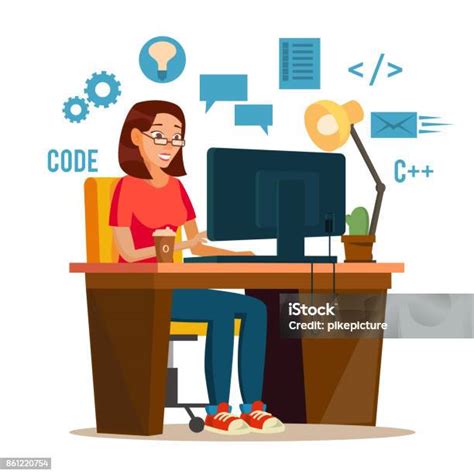 프로그래머 여자 벡터입니다 프로그래머 작업 영역입니다 노트북을 사용 하 여 인터넷에서 작업 만화 캐릭터 그림 경영자에 대한 스톡 벡터 아트 및 기타 이미지 Istock