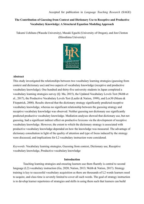 Pdf The Contribution Of Guessing From Context And Dictionary Use To Receptive And Productive