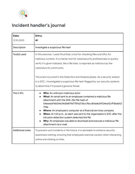 Incident Journal Suspicious File Hash Investigation
