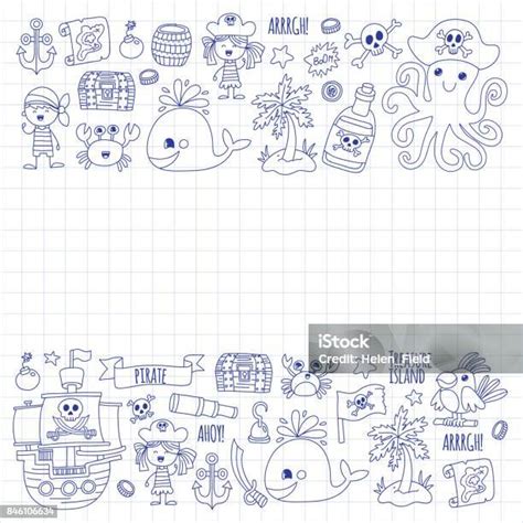 벡터 어린이 유치원 애 들 어린이 그리기 스타일 그림 Picutre 보물 지도 보물 섬 고래 해 적 두개골 플래그 배 생일