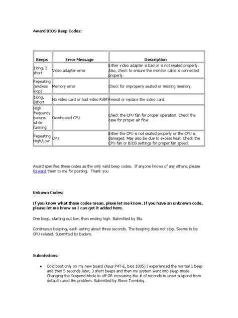 award bios beep codes a guide to common error codes and community