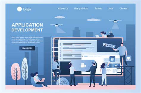 응용 프로그램 개발 방문 페이지 템플릿입니다 소프트웨어 및 비즈니스 팀 빌딩 응용 프로그램과 큰 컴퓨터 모니터 Html에 대한