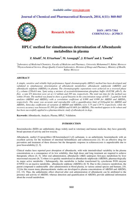 Pdf Hplc Method For Simultaneous Determination Of Albendazole Metabolites In Plasma