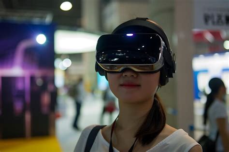 Woman Wearing Virtual Reality Headset At Technology Convention Premium Ai Generated Image