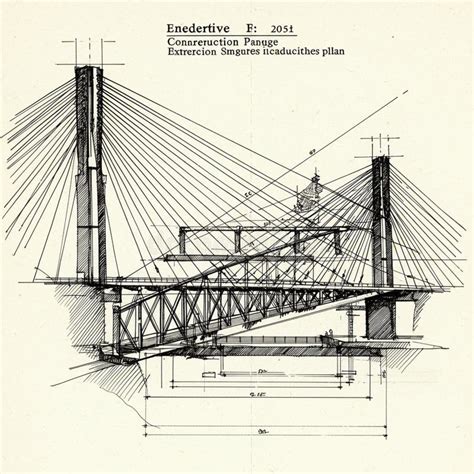 Architectural Drawing Of A Cable Stayed Bridge Two Tall Pylons Support