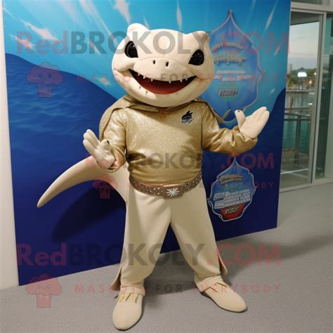 Beige Stingray Mascot Costume Character Dressed With A Rash Guard And