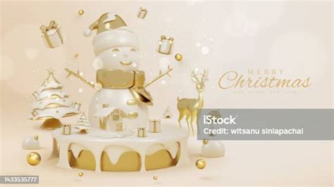 황금 연단에 눈사람이있는 고급 배경과 3d 현실적인 크리스마스 장식품과 보케 장식과 눈이있는 반짝이는 조명 효과 벡터 일러스트레이션 3차원 형태에 대한 스톡 벡터 아트 및