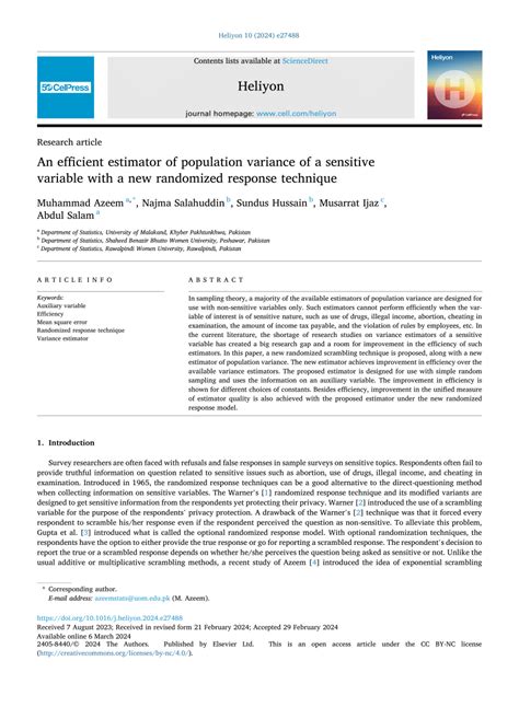 Pdf An Efficient Estimator Of Population Variance Of A Sensitive