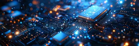 Microchip Glowing With Blue Lights In Circuit Board With Complex Circuitry Wide Banner Copy