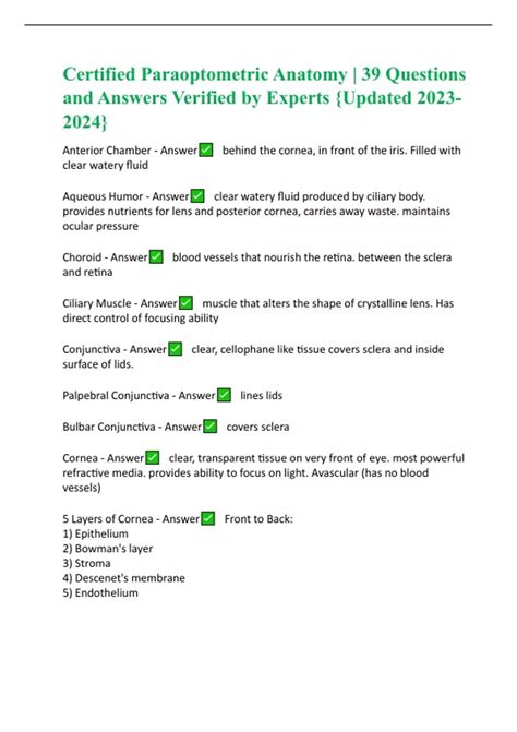 Certified Paraoptometric Anatomy 39 Questions And Answers Verified By Experts Updated CPO