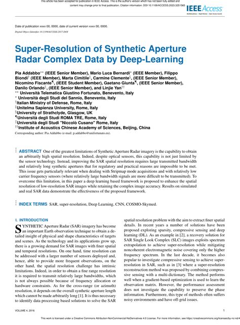 Pdf Super Resolution Of Synthetic Aperture Radar Complex Data By Deep Learning