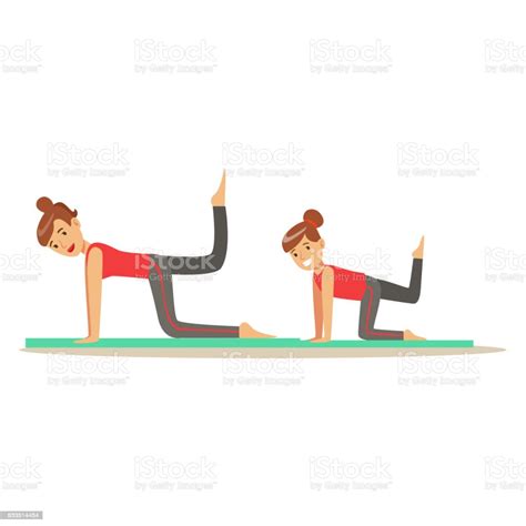 다채로운 캐릭터 매트 엄마와 함께 좋은 시간을 보내고 딸에 운동 여자와 소녀 피트 니스를 하 고 웃 고 가족에 대한 스톡 벡터 아트 및 기타 이미지 Istock