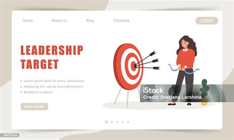 리더십 타겟 랜딩 페이지 템플릿입니다 여성 기업가 화살로 활을 쏘는 목표를 가진 성공적인 여성 재정 또는 직업 목표 달성 만화
