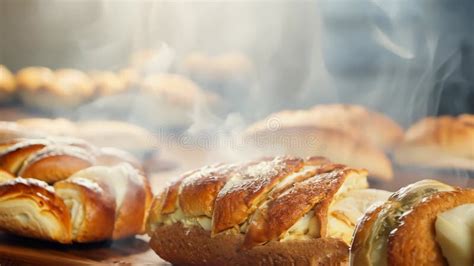 Fresh Bakery On The Table Handmade Bread With Steam Just Out Of Oven
